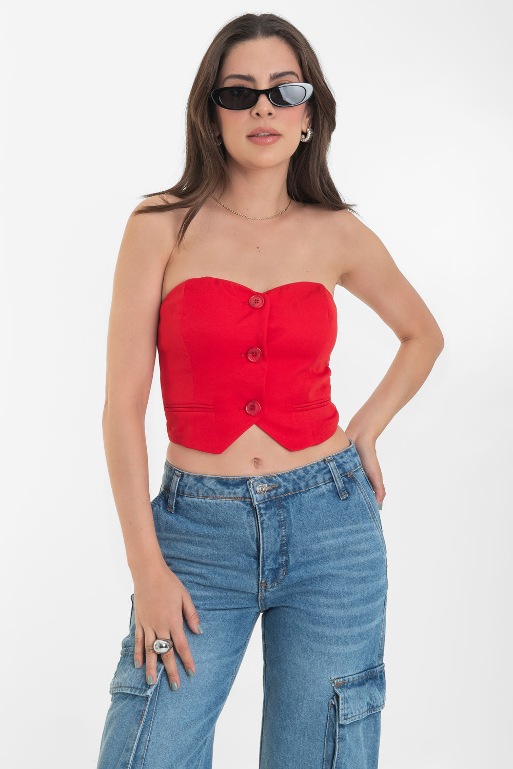 Top corto strapless escote corazón con botones rojo – HIGHSTREET
